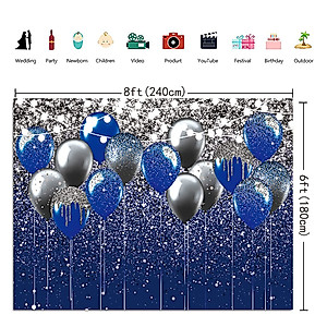 Royal Blue Glitter Backdrop Blue and Silver Black Balloon Sequin Photography Background for Birthday Wedding Graduation Prom Party Banner Decoration Photo Props (8x6FT)