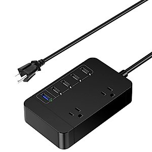ROEA QC 3.0 Fast 5 USB Charger Power Strip Surge Protector 2Ac Outlet 6Ft 18A Long Extension Cord Flat Plug Home Office Dorm Travel Adapter Smart Desktop Extender, QC3.0-USB Quick Charger