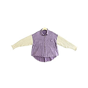 ChiyeeKiss Women's Oversized Patchwork Jean Jacket Distressed Fringed Hem Denim Jacket Sweater Long Sleeves Shacket Jacket(0028-LightPurple-M)