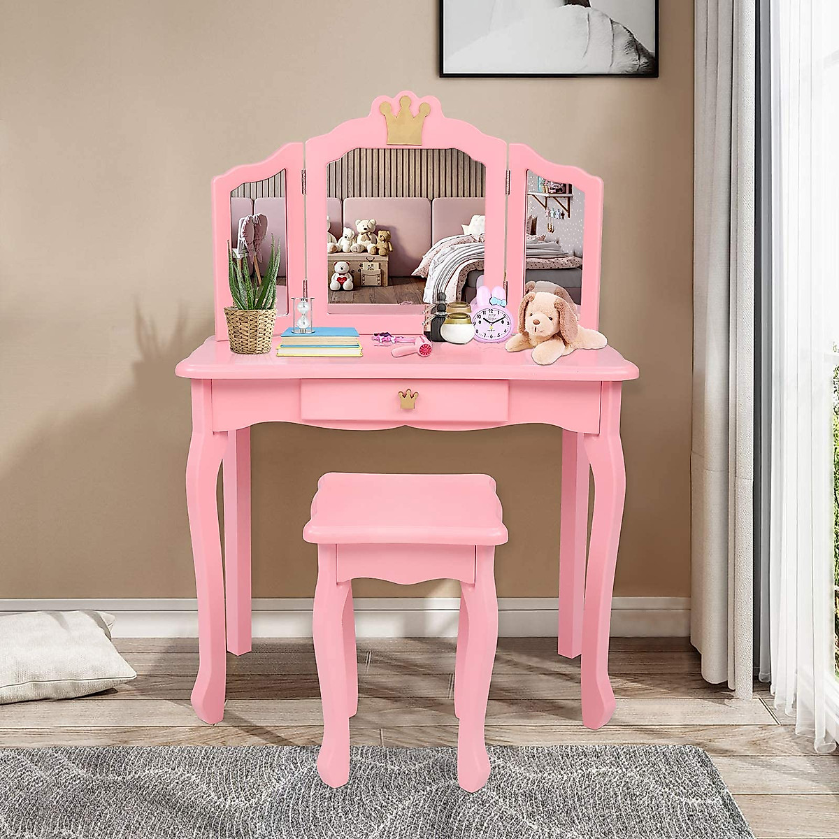 VALUE BOX Kids Vanity Table and Chair Set, 2 in 1 Princess Makeup Dressing Table with Drawer & Tri-Folding Mirror, Child Pretend Beauty Play Vanity Set for Girls