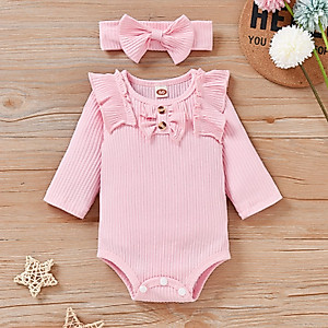 Aalizzwell Preemie Newborn Infant Baby Girls Clothes Ribbed Bodysuit Pants Set Fall Winter Outfits Pink Premature