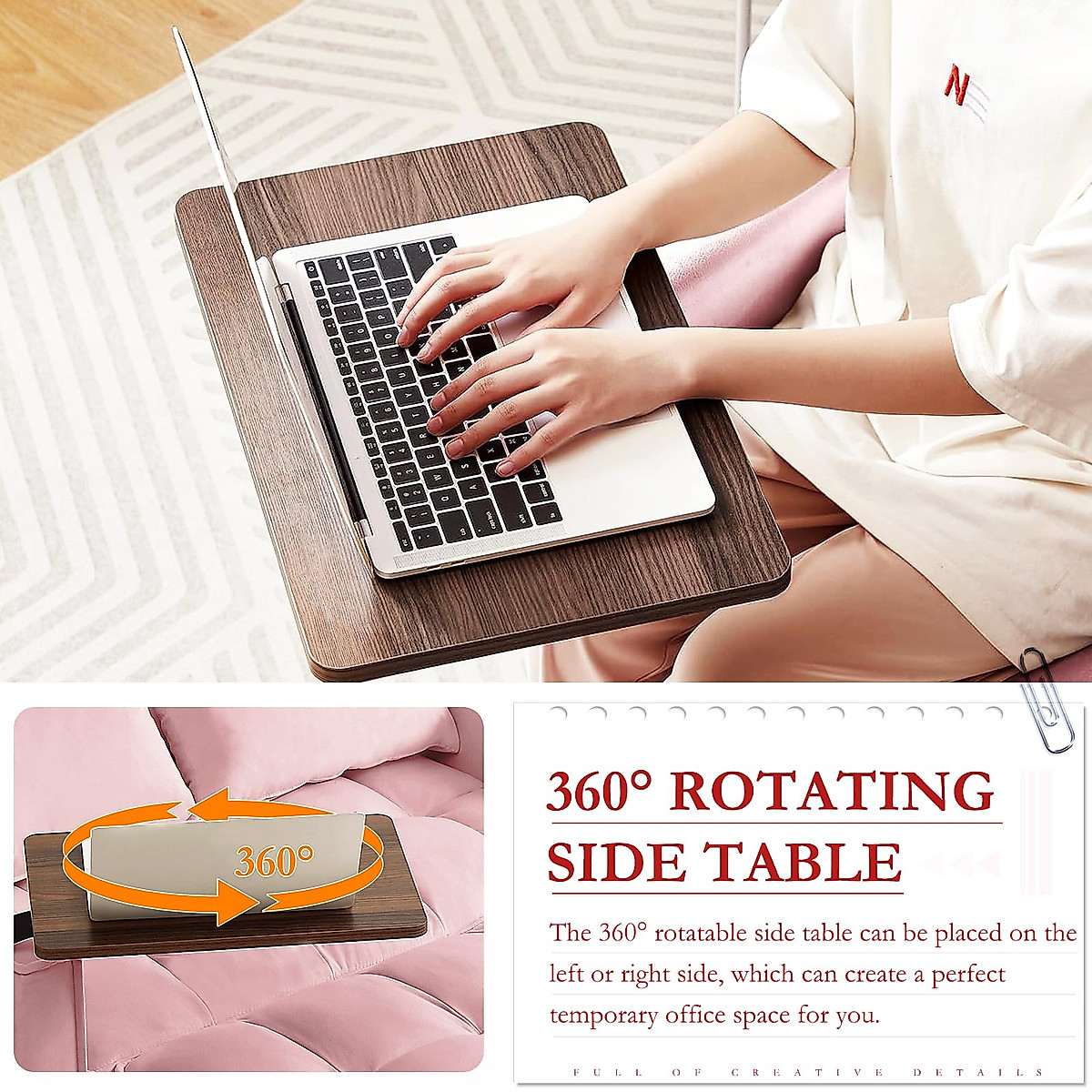 ROCKINGRUN 3 in 1 Velvet Pull Out Sofa Bed with Hidden Side Table, Convertible Loveseat Sleeper with 3 Speed Adjustable Backrest and Side Pockets, Tufted Futon Couch for Living Room Bedroom (Pink)