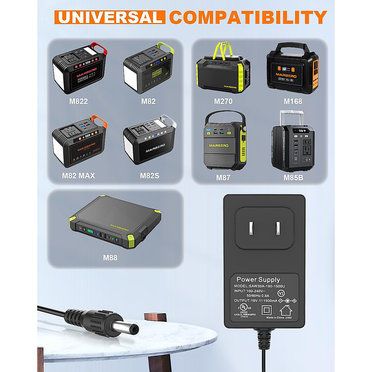 MARBERO 19V AC/DC Adapter Power Cord Power Supply Plug Compatible with MARBERO M82 M82MAX M822 M822MAX M87 M88 M168 Portable Power Station Solar Generator Lithium Battery 1.5A Wall Adapter Charger