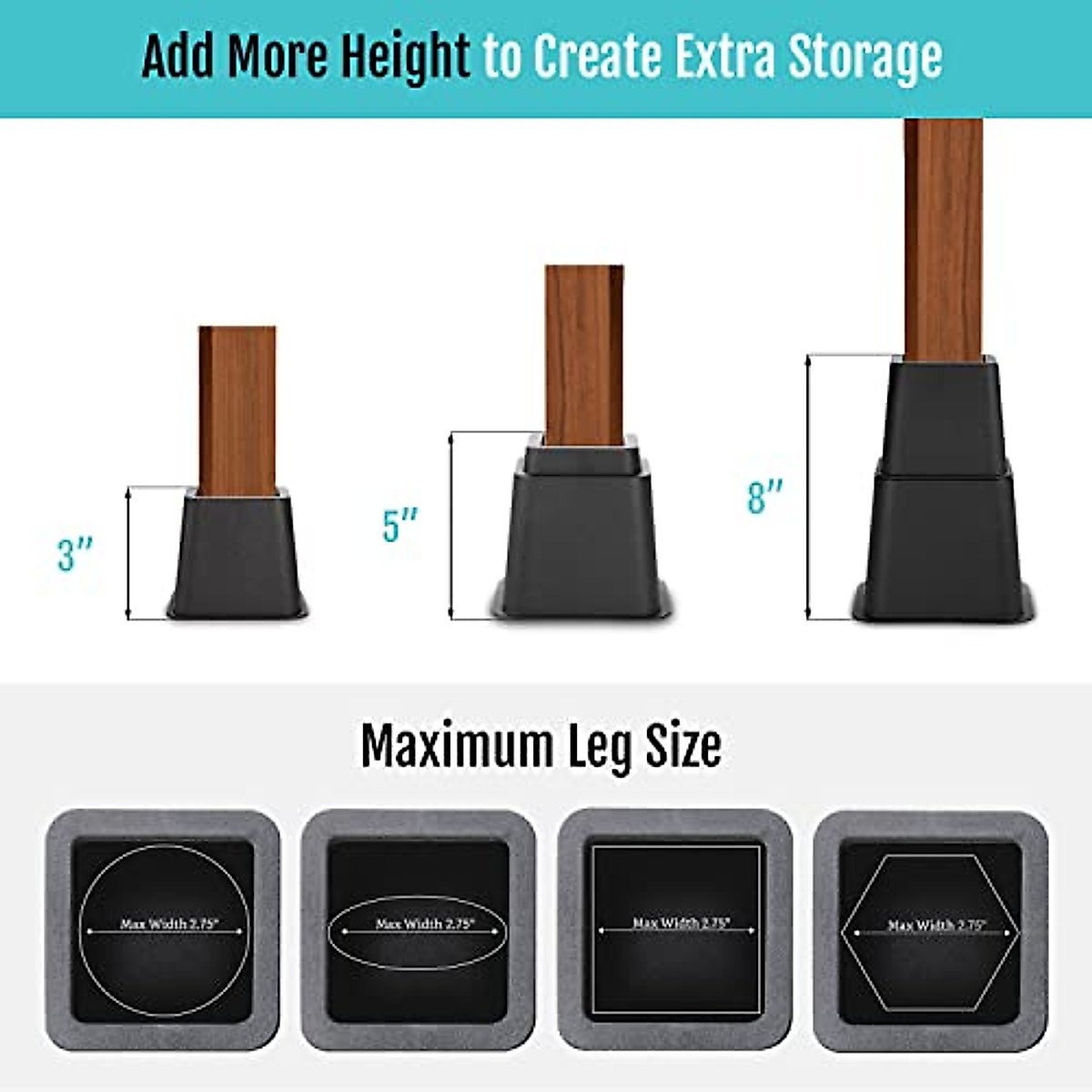 HOLDN’ STORAGE Adjustable Bed Risers and Furniture Risers - Stackable Bed Lift 3, 5, or 8 Inch - Set of 4 Bed Risers 8 inch Heavy Duty - Perfect for College Dorms – Fits Legs up to 7.5” W
