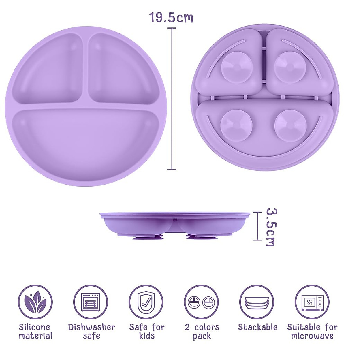 Vicloon Suction Plates, 2 Pcs Baby Toddler Plate Silicone, BPA Free Divided Plate, Divided Plate Design,Silicone Grip Dish Microwave & Dishwasher Safe