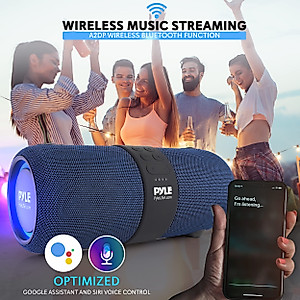 PyleUsa Wireless Portable Bluetooth Boombox Speaker - 2Ch Waterproof Rechargeable Fabric Stereo Speaker w/Google Assistant/Siri Voice Control, TWS Function, USB FM Radio, RGB Lights -PSBWP9BL (Blue)
