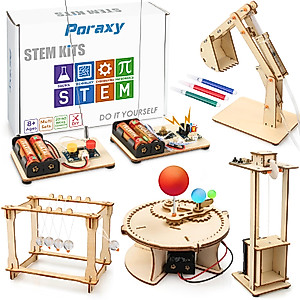Poraxy 5 Set STEM Science Kits for Kids Age 8-12, Wooden Building STEM Projects 8-10, 3D Puzzles, Experiment Circuits Model, Toys for Ages 8-13, Gifts for Boys and Girls 6 7 8 9 10 11 12 13 Years Old