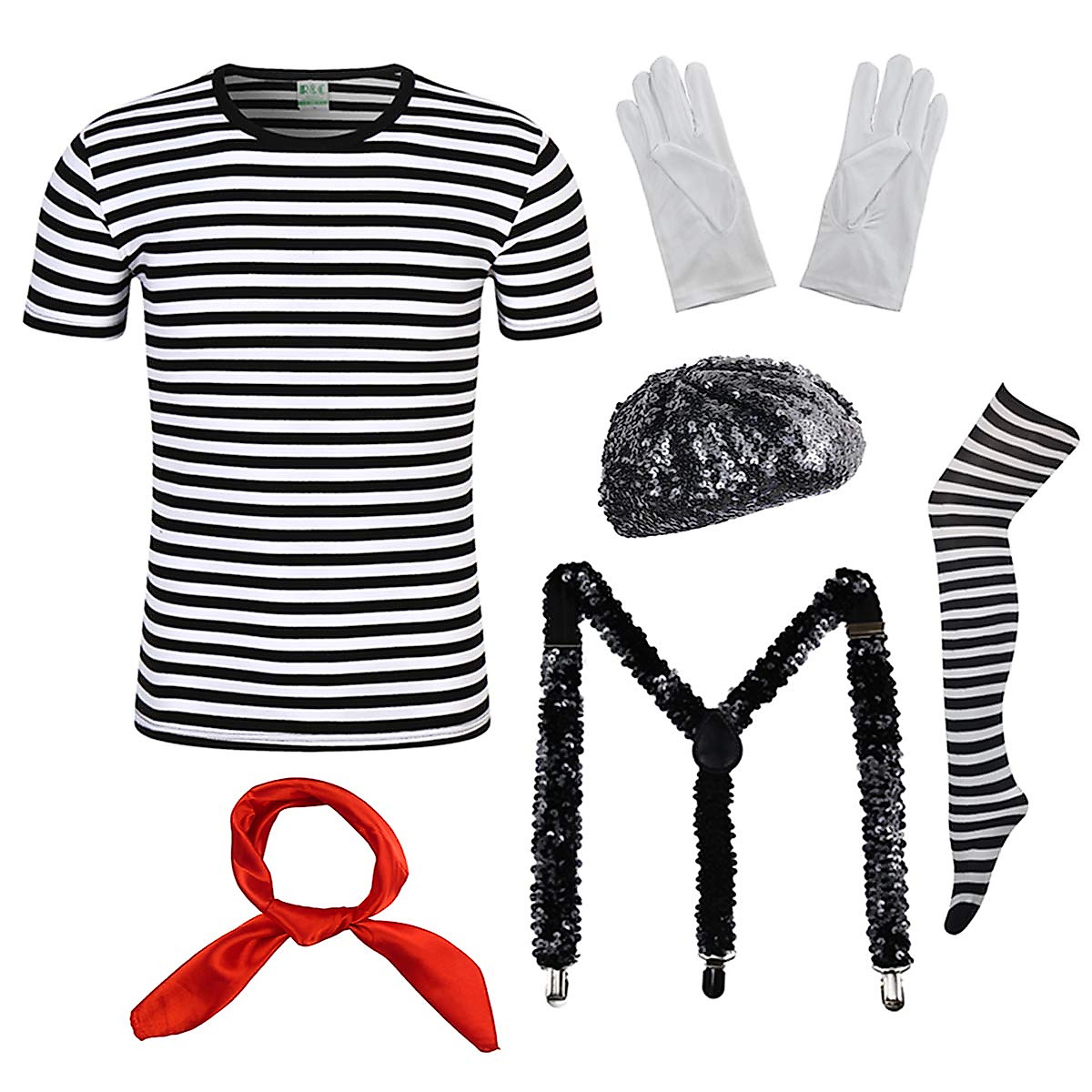 Fancy Clothing Womens Mime Artist Costume Set Black & White Silent Actor Dress Halloween Outfit (Large, Stripe)