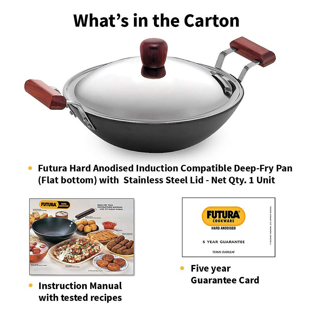 Futura Induction Compatible Hard Anodized Flat Bottom Deep Fry Pan / Kadhai with Stainless Steel Lid, 3.75 Liter