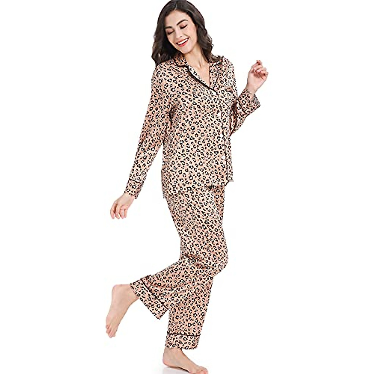 Serenedelicacy Women's Satin Pajama Set 2-Piece Sleepwear Loungewear Long Sleeve Button Down Silky PJ Set (Medium, Tan/Black/Ivory, Leopard)