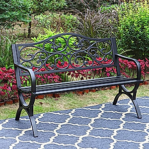 MFSTUDIO 50 Inches Outdoor Garden Bench,Cast Iron Metal Frame Patio Park Bench with Floral Pattern Backrest,Arch Legs for Porch,Lawn,Garden,Yard（Black）