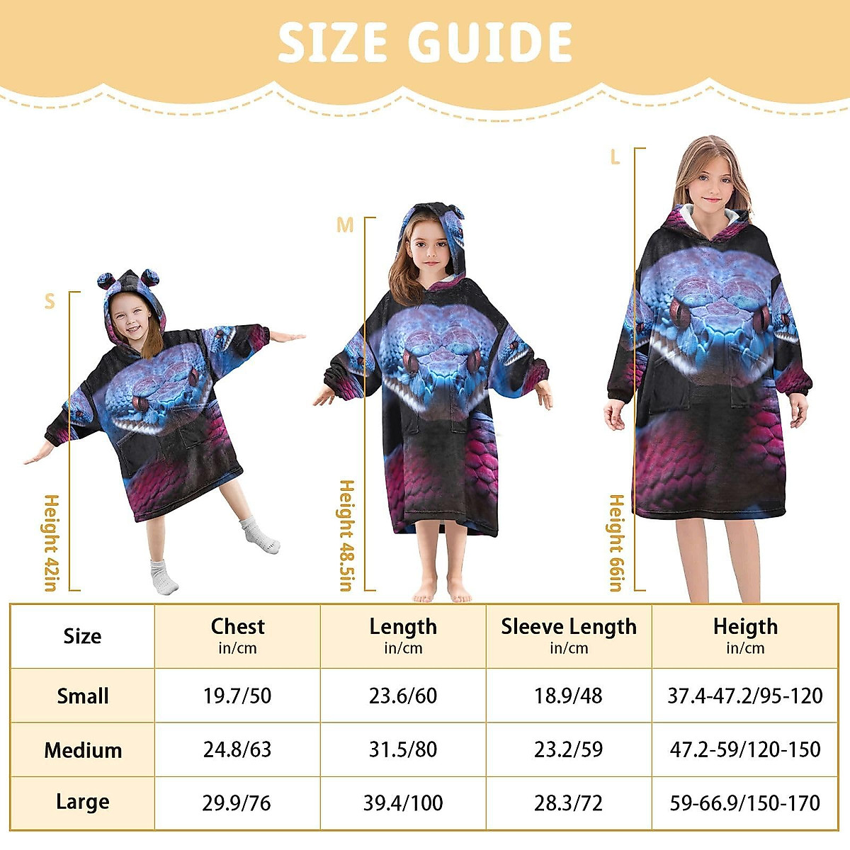 Jihqo Wild Snake Wearable Blankets for Kids Sherpa Hoodie Blanket for Boys Girls Oversized Hooded Sweatshirt, L