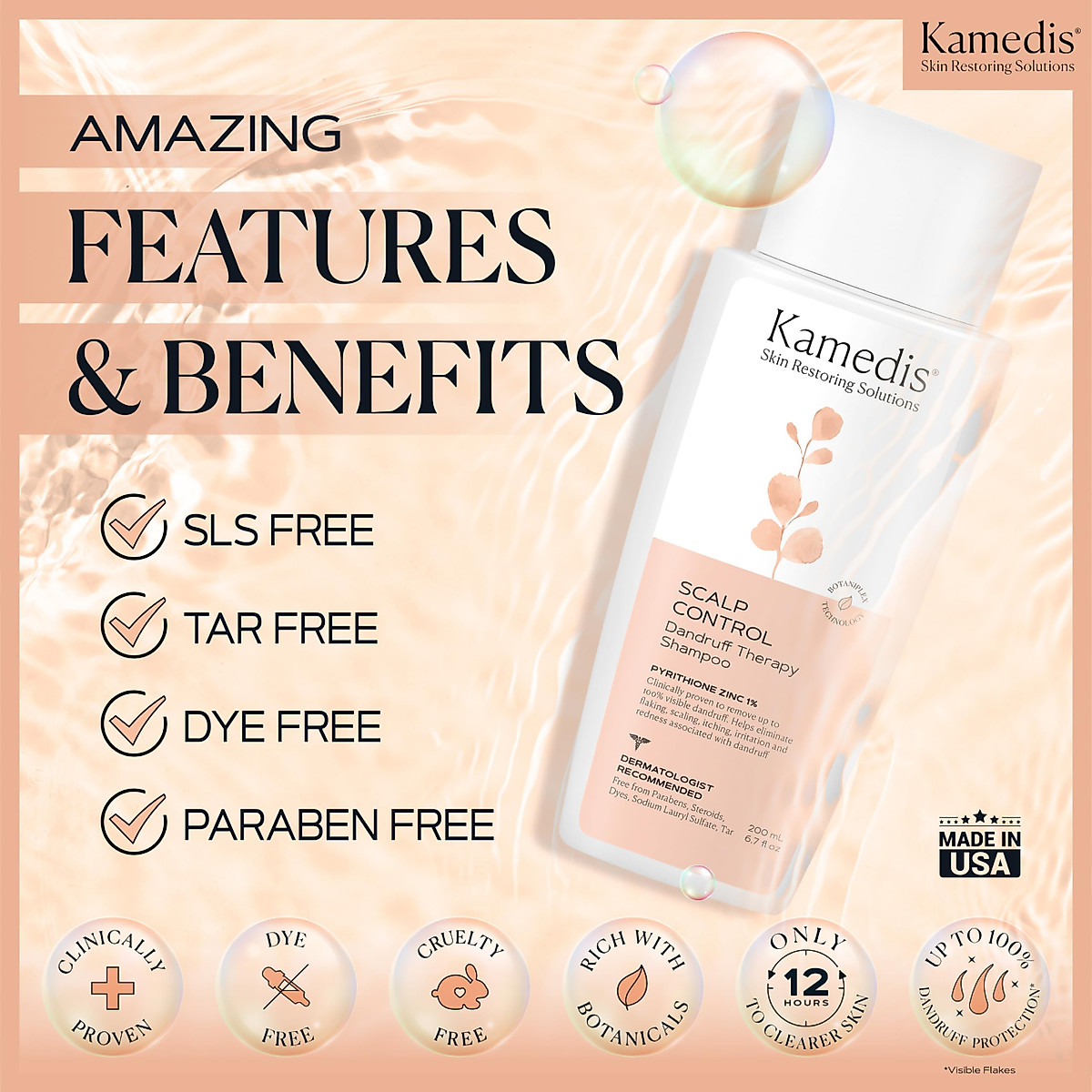 KAMEDIS Anti Dandruff Shampoo For Women & Men. For Itchy And Redness Scalp, Seborrheic Dermatitis Treatment & Flaky Hair. Contains 1% Zinc Pyrithione and Salicylic Acid. Paraben Free. 6.7 Fl Oz.