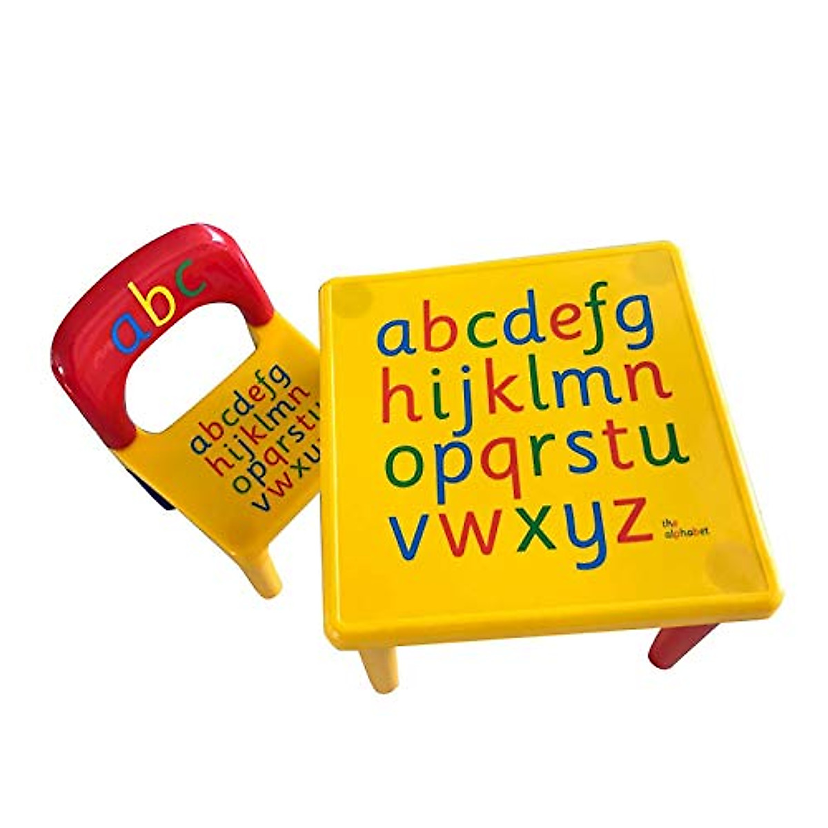 Table and Chair Set, Toddler Alphabetic Learning Activity Desk, Multicolor Children Letter Table Chair Set, Yellow & Red