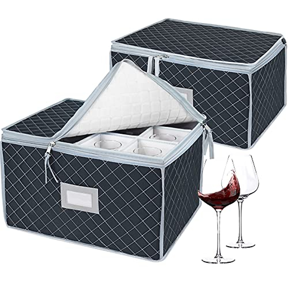 VERONLY Stemware Storage Cases - Holds 24 Wine Glass Storage or Crystal Glassware Containers with Lable Window,Fully-Padded Inside with Hard Sides(15.5" x 12.5"x 9.8")-Set of 2 Grey
