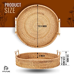 YFFuture Rattan Serving Tray – 11.5-inch Round Serving Tray with Handles – Handmade Round Rattan Tray – Decorative Tray for Coffee Table, Food Serving, Party – Round Wicker Tray for Home Decor…