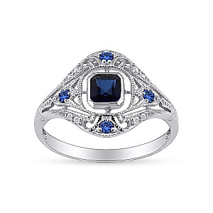 AFFY 10K Solid White Gold Vintage Style Cushion & Round Simulated Sapphire & White Natural Diamond Engagement Ring Size 7