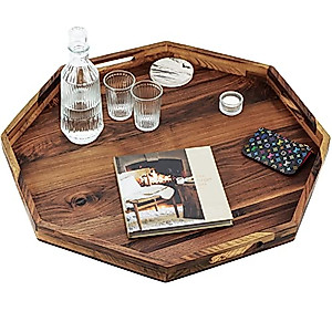 MAGIGO 26 Inches Extra Large Octagonal Black Walnut Wood Ottoman Tray with Handles, Serve Tea, Coffee Classic Wooden Decorative Serving Tray