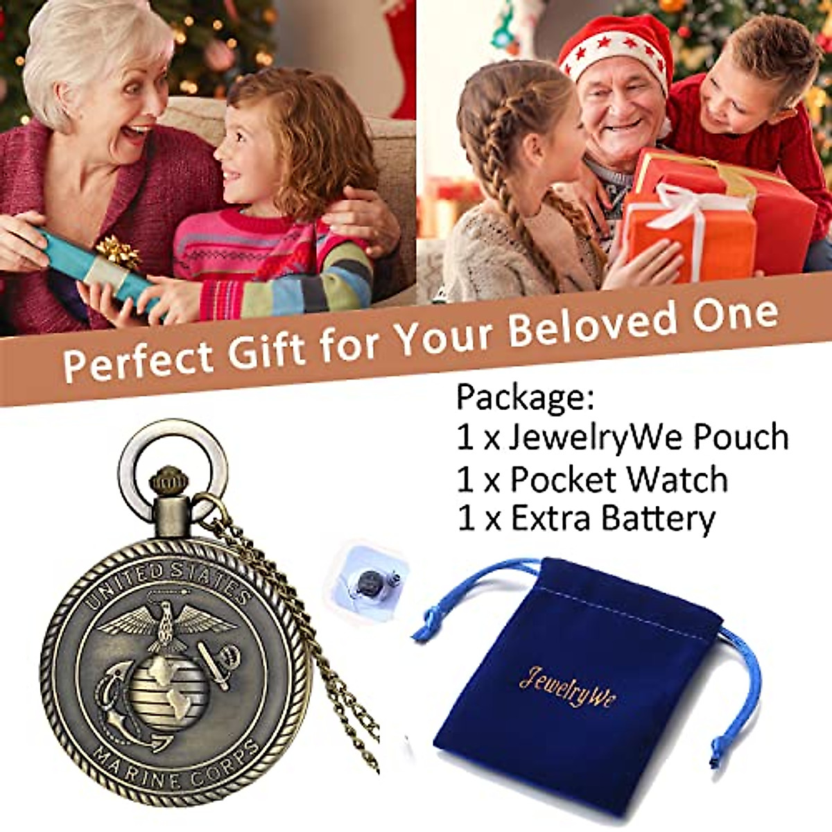 JewelryWe Bronze Retro Pocket Watch United States Marine Corps Engraved Men's Quartz Pocket Watch for Xmas