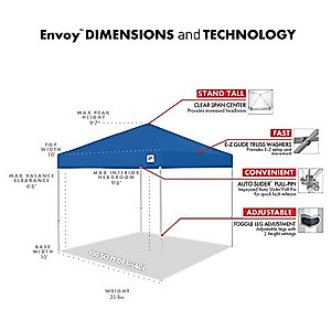 E-Z UP ENV3WH10RB, 10' x 10', Roller Bag, 4-Piece Spike Set, Recreational Grade Royal Blue Top NEW Envoy EZ UP Instant Canopy Shelter Tent, 10' by 10'