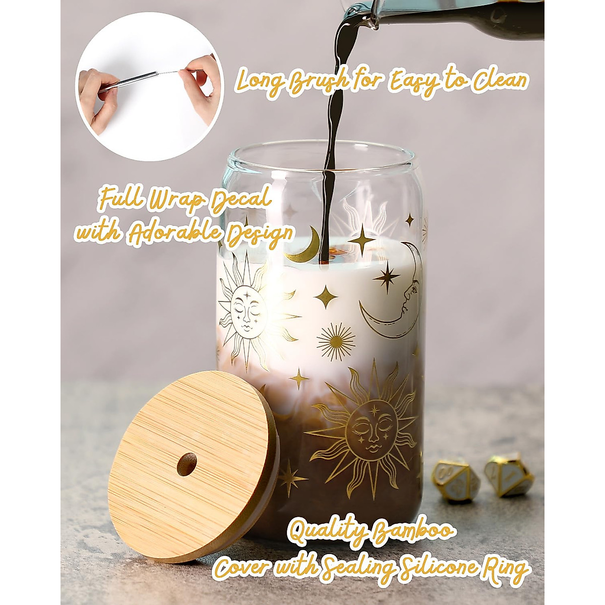 Nefelibata Sun and Moon Iced Coffee Cup Beer Can Glass for Hot/Cold Beverages Gothic Sun Moon Star Tumbler with Lid and Straw Celestial 16oz Coffee Mug Witchy Tarot Gift Boho Home Decor Birthday Gifts