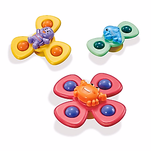 Chylldem Spinning Top Toys with New Upgrade Suction Cup for 6+ Month Boys and Girls, Baby Rattle Toy Set and Gifts for Babies, Crab, Turtle, Dolphin - 3 Count (Pack of 1)