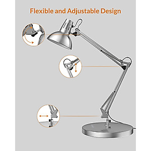 LEPOWER Metal Desk Lamp, Adjustable Goose Neck Architect Table Lamp with On/Off Switch, Swing Arm Desk Lamp with Clamp, Eye-Caring Reading Lamp for Bedroom, Study Room &Office (Silver)