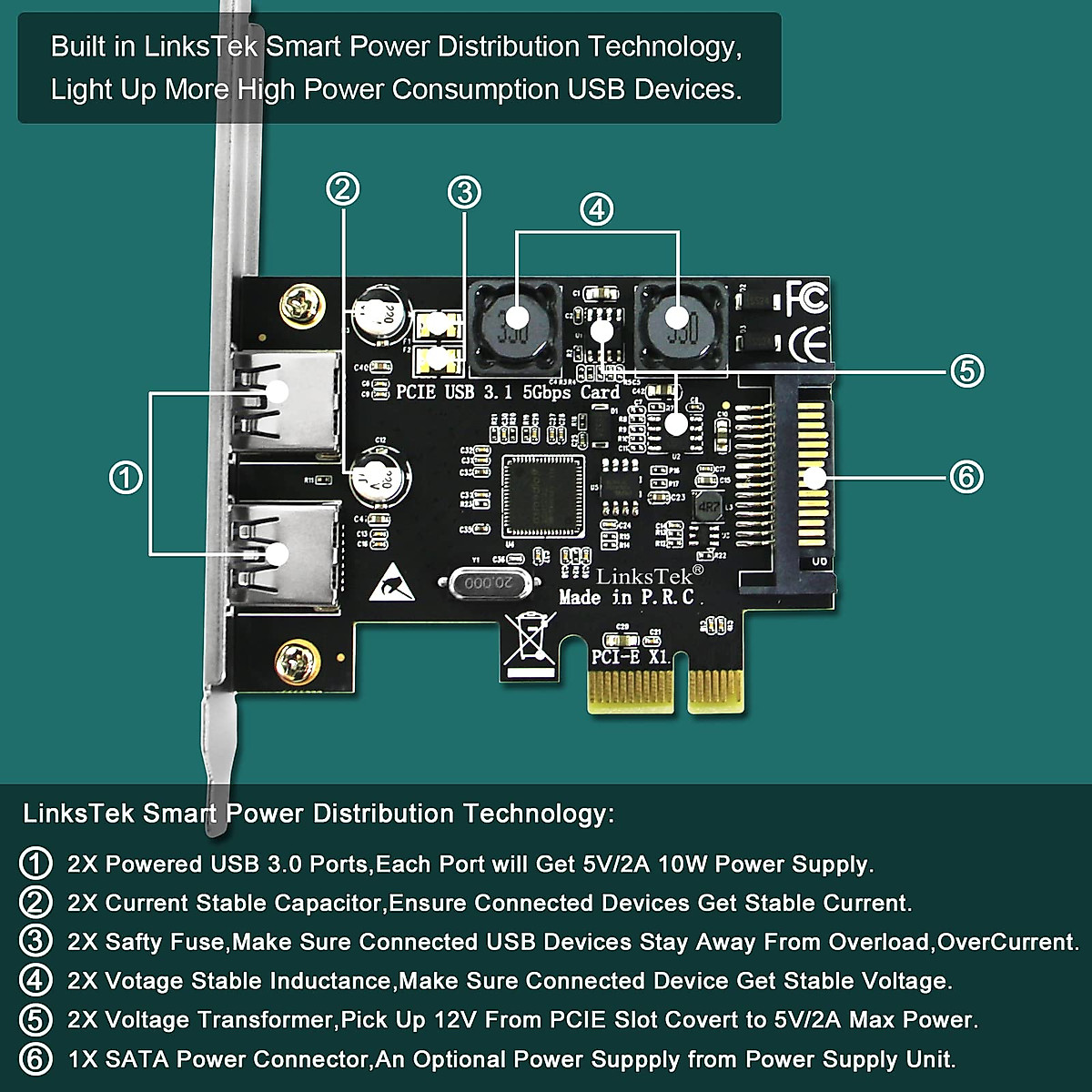 LinksTek 2-Ports PCIE USB 3.0 (USB 3.1 GEN1) 5Gbps Expansion Card for Desktop PCs, 2X 5Gbps USB-A Ports, Built in Smart Power Distribution Technology, No Need Extra Power Supply (PCIE-U302A)