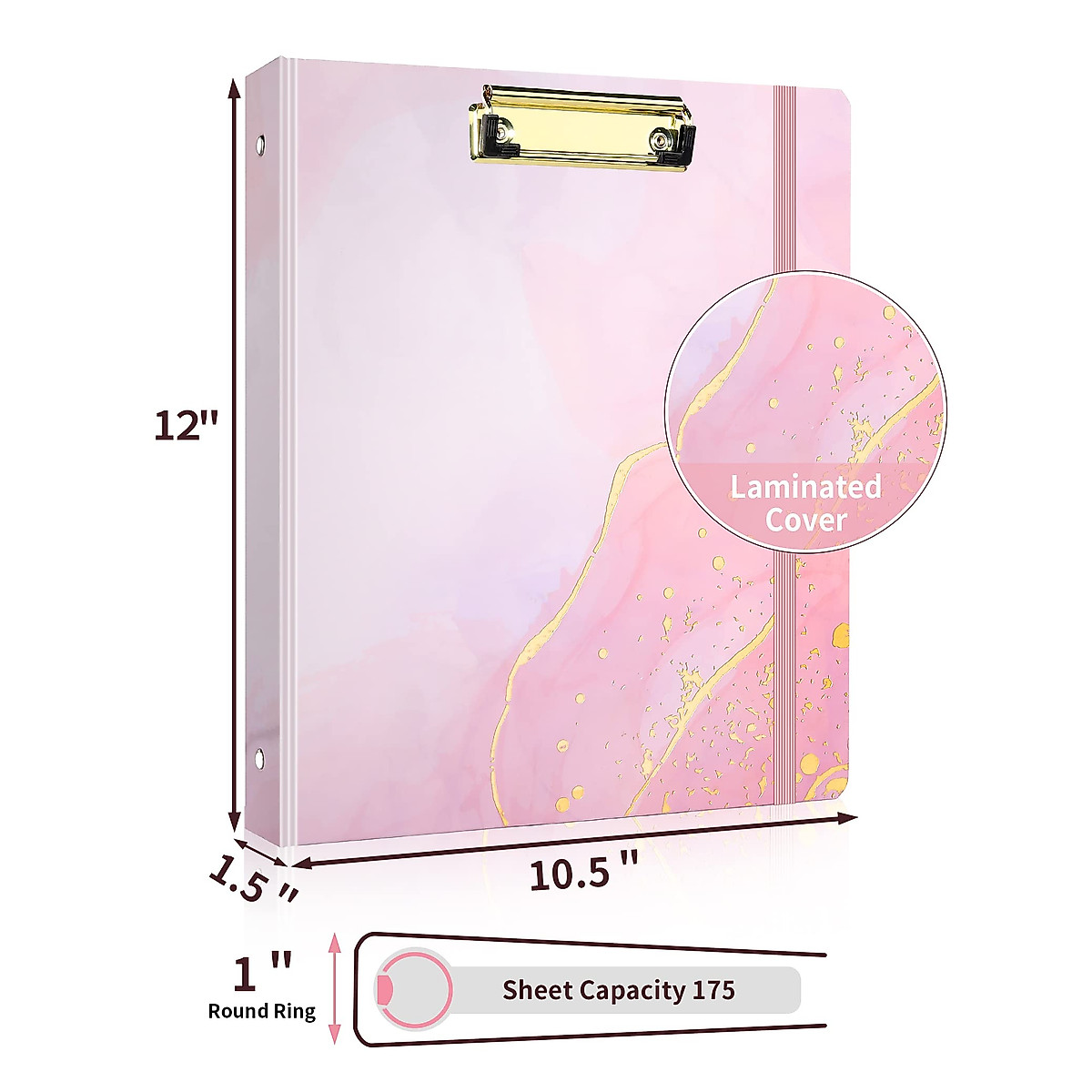 SUNEE 3 Ring Binder 1 Inch, Cute Binder with Clipboard, 2 Pockets, 5 Tab Dividers & Label Stickers, Decorative Pink Marble Heavy Duty Three Ring Binder (Fit 8.5x11 Inches) for Office Binder Supplies