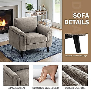 CDCASA Oversized Accent Chair, Linen Fabric Mid Century Modern Chair, Comfy Upholstered Armchair Reading Chairs Single Sofa Chairs with Wood Legs for Bedroom Living Room, Light Brown, 1PC