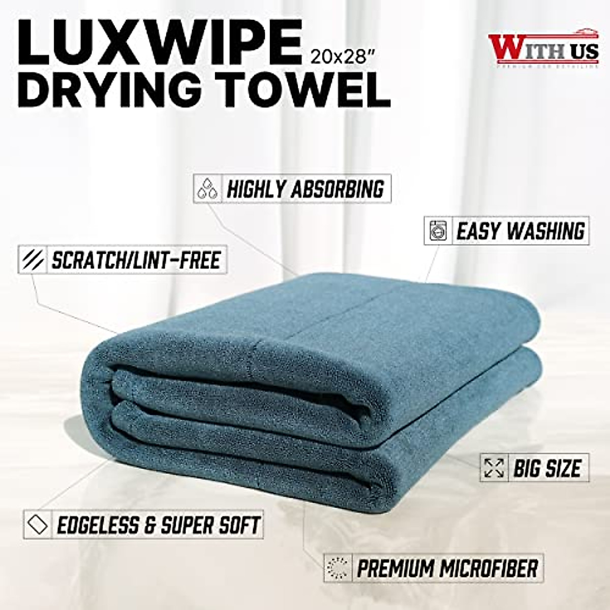 WITHUS LuxWipe Korean Microfiber Towels for Cars - Large Size for Cleaning, Drying & Car Care, Premium Cloth Featuring Lint-Free Edge-Less to Prevent Scratching 20 x 28