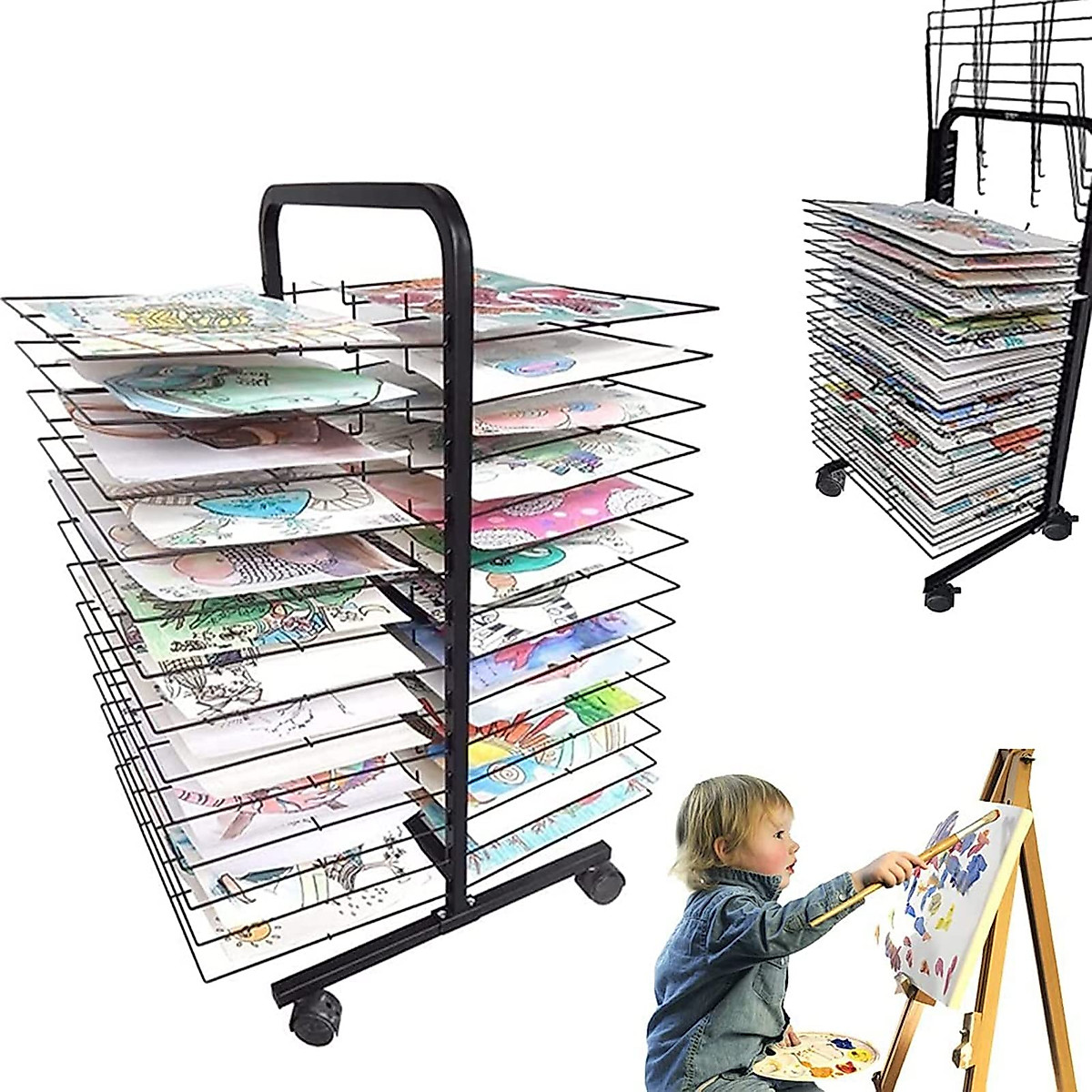 Drying Rack, Solid 26-Shelf Mobile Classrooms Drying Rack with Wire Shelves for Works of Art Studios and Home Use, Black Powder Coated Finish. Drying & Print Racks