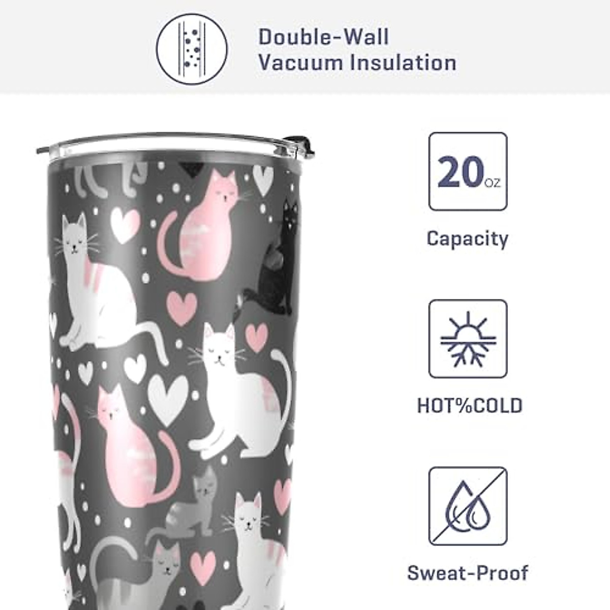 Cartoon Cute Grey White Peach Cats Stainless Steel insulated water bottle with straw Leak-proof Lid and Straw coffee travel mug 20oz for café portable flip straw tumbler taza termica para cafe