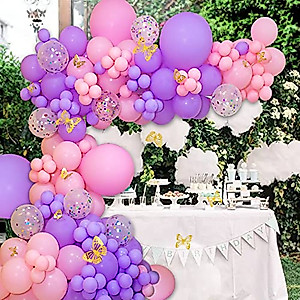 Pastel Pink Purple Balloon Garland Arch Kit 129 Piece Butterfly Theme Balloon Arch with Confetti Latex Balloons for Girls Women Birthday Baby Bridal Shower Wedding Party Decoration