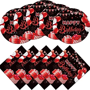 Red and Black Birthday Party Tableware Supplies Set, 20 Plates and 20 Napkins, Red Birthday Party Confetti Sprinkles Happy Birthday Party Decorations for Men Women