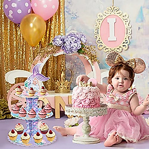 Mermaid Cupcake Stand with LED Light, 3 Tier Mermaid Party Supplies Mermaid Tail Cupcake Stand Holder for 24 Cupcakes for Girls Under The Sea Mermaid Theme Party Baby Shower Birthday Party Favors