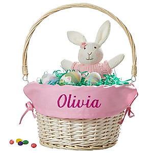 Personalization Universe Personalized Hand-Woven Willow Easter Basket with Folding Handle - First Easter, Egg Hunt, Vintage-Inspired Design, Embroidered with Any Name - Light Pink
