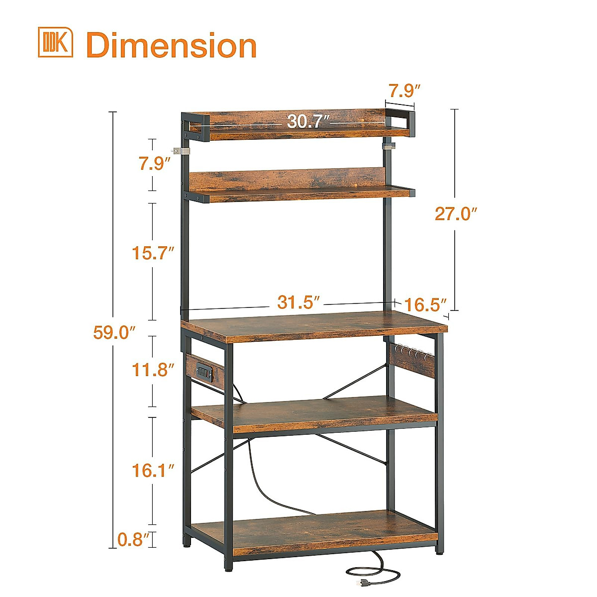 ODK Bakers Rack with Power Outlet, Coffee Bar with Storage 5-Tiers, Microwave Stand Kitchen Rack 16.5 * 23.6 * 59 inches, Kitchen Shelf, Rustic Brown