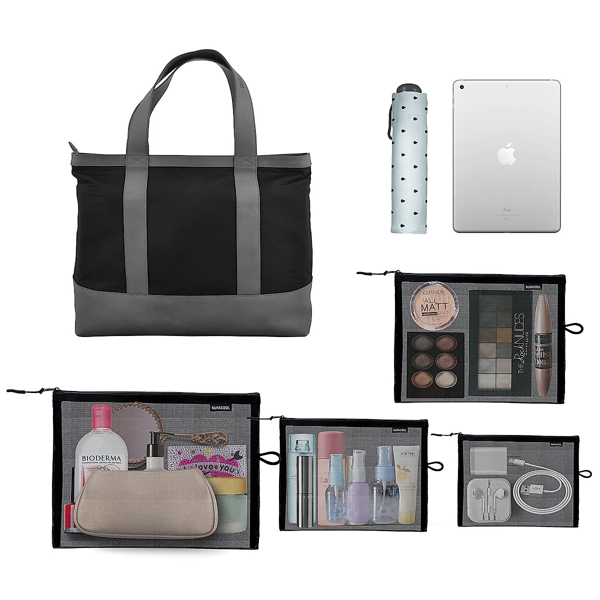 SUPACOOL Set of 4 Travel Mesh Makeup Bag, Cosmetic Organizer Pouche with Zipper, Diaper Organizing Pouches, Nylon Toiletries Bag for Women and Men(4pcs, Black)