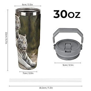 BWQJKUO Large Capacity Car Cup 30 Oz Stainless Steel White Tigers Printed Travel Mug Leak-proof Flip Straw Tumbler with Handle,keeps Cold Or Ho
