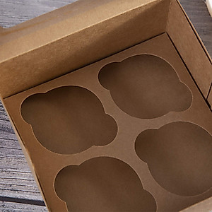 ONE MORE [15pcs] Kraft Paper Cupcake Boxes,Valentines Day Cookie Gift Boxes with Clear Window,Auto-Popup Cupcake Containers Carriers Bakery Cake Box with Insert 4 Cavity (Brown,15)