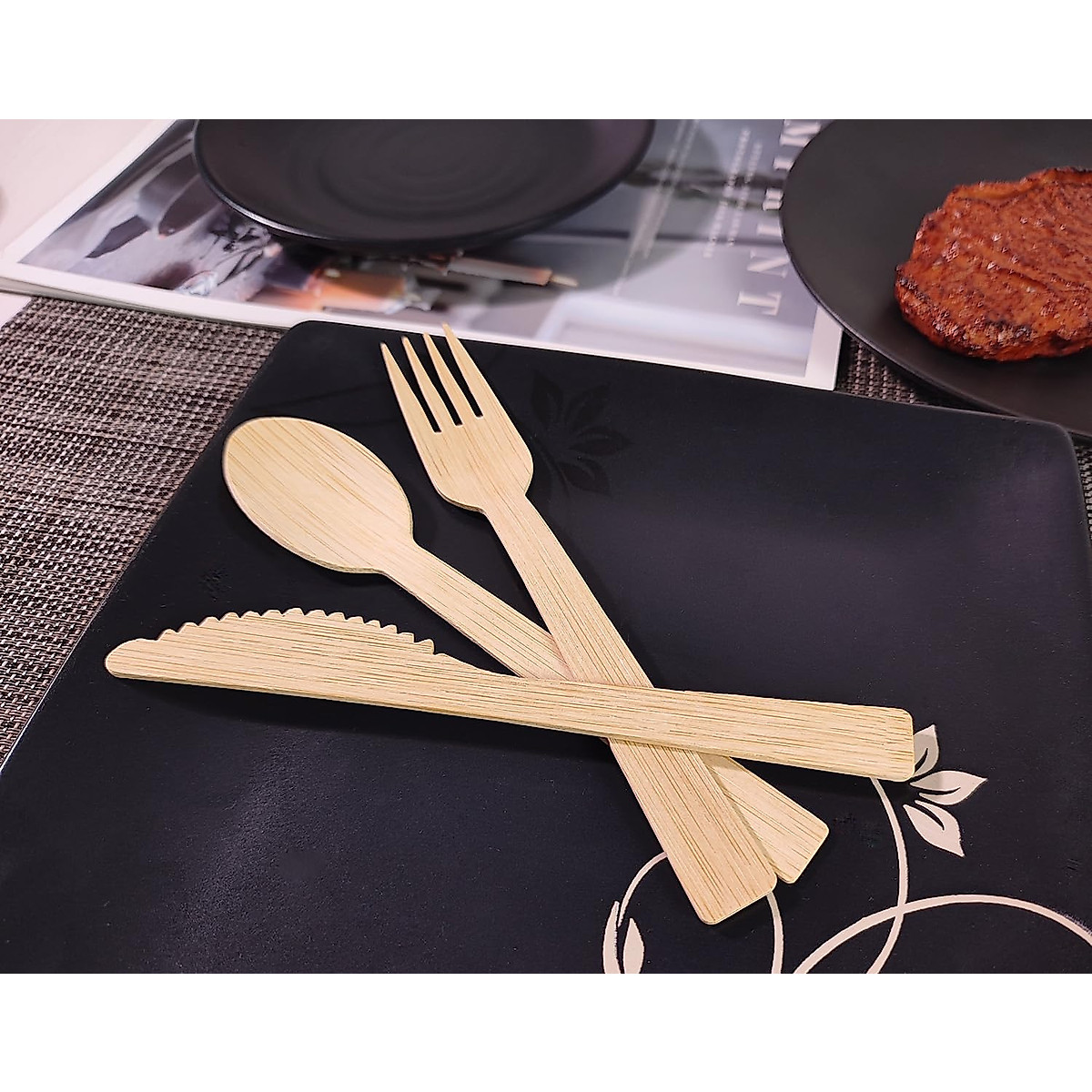 90 Count Bamboo Cutlery Set (30 Forks, 30 Spoons, 30 Knives),Compostable Biodegradable Utensils Set