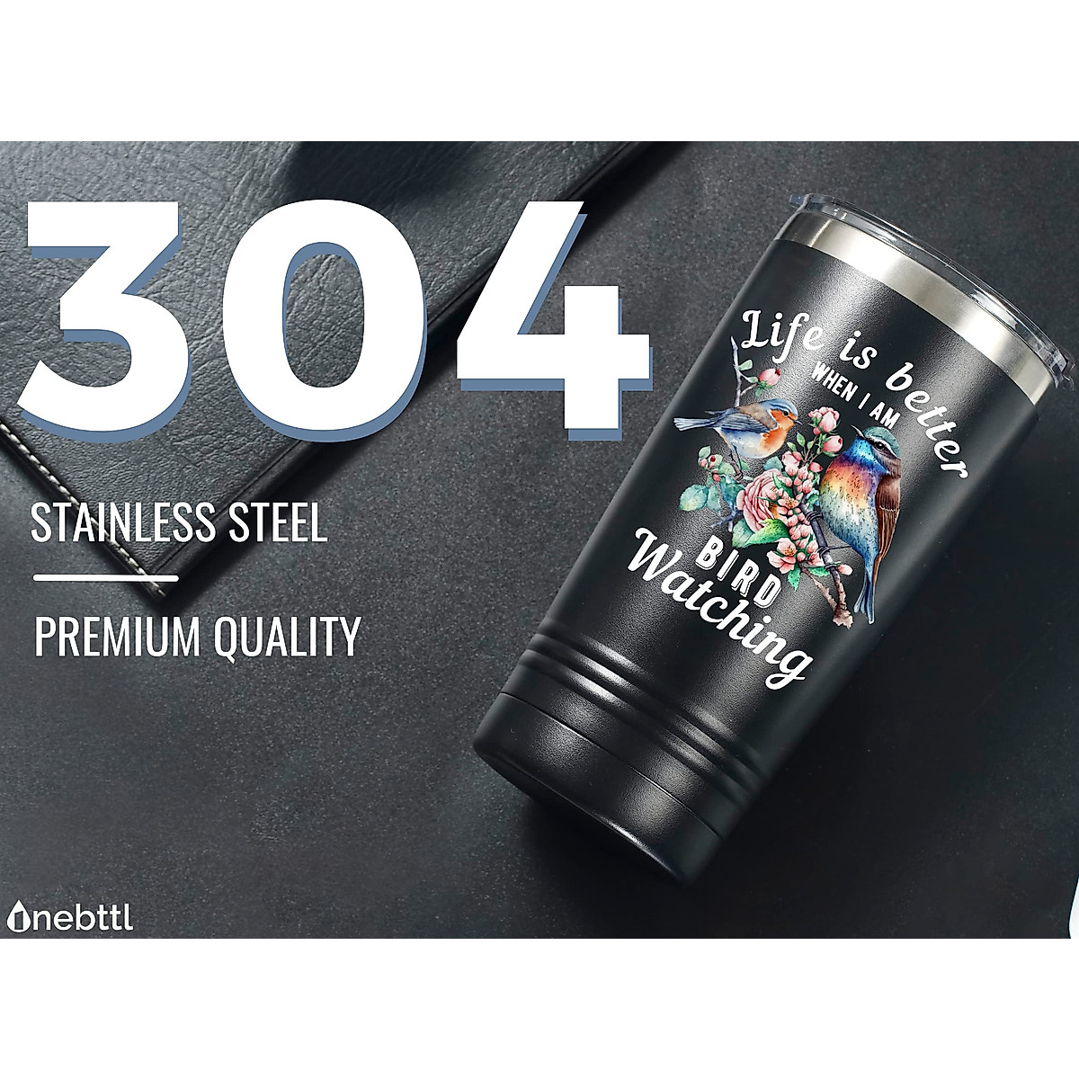 Onebttl Bird Watching Tumbler for Lovers & Watchers, 20oz Stainless Steel Insulated With Lid & Straw, Gift Card & Box Included, Best Birthday Gift - Black