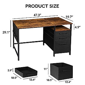 Maihail Computer Desk with Drawers, 47" Desk with 2 Drawers and Shelves, Office Desk with Storage, Desk with Storage Bag, Industrial Desk for Home Office with Metal Frame for PC Laptop, Rustic Brown