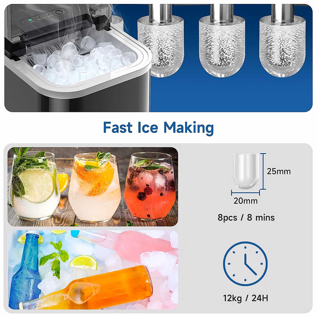 Portable Ice Maker Countertop, Small Ice Maker Machine with Handle, 26.5lbs/24Hrs, 8 Cubes in 6-10 Mins, Self-Cleaning Ice Makers for Home/Kitchen/Office/Bar