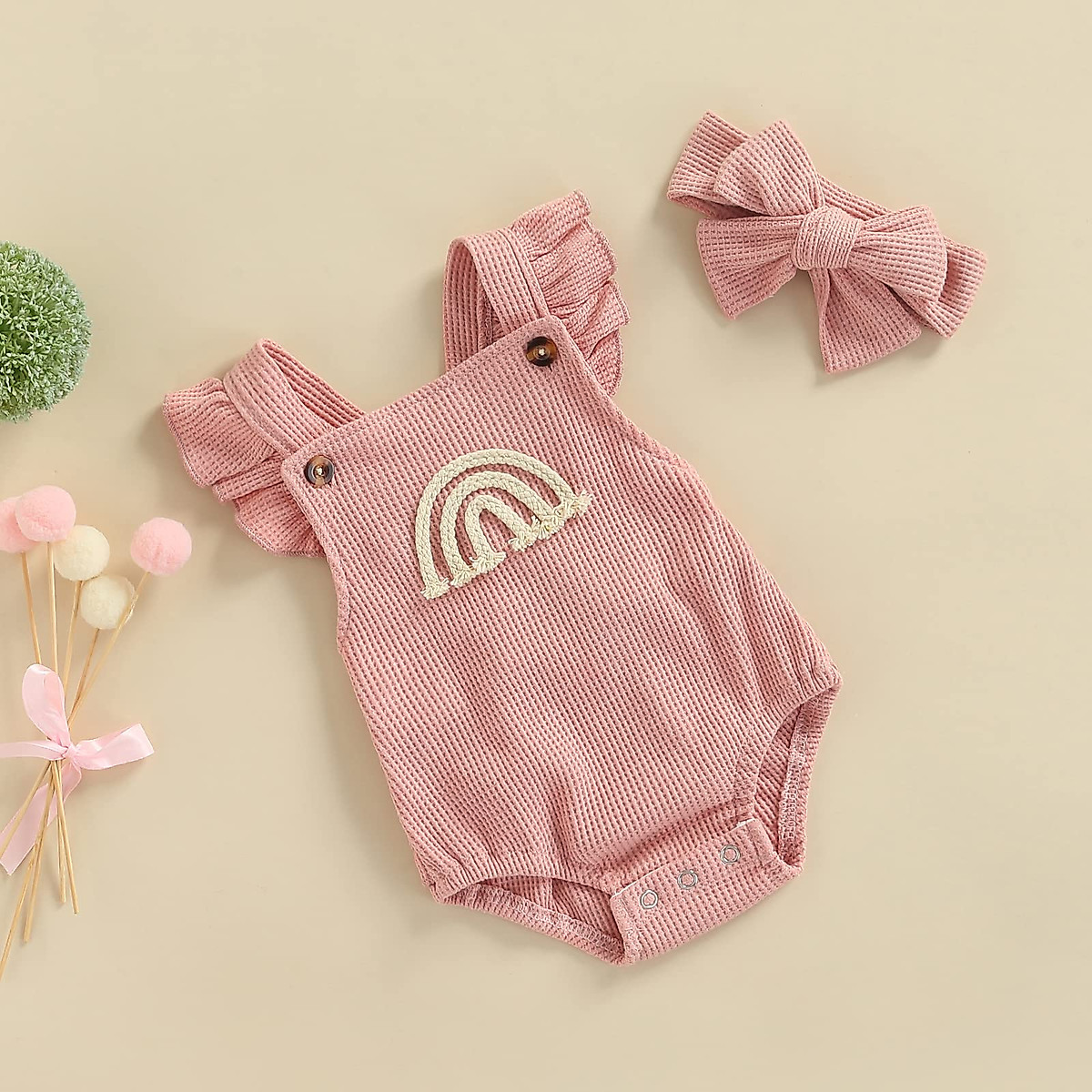 Douhoow Infant Baby Girl Rainbow Boho Ruffled Sleeveless Rompers Clothes with Headband (Pink, 3-6 Months)