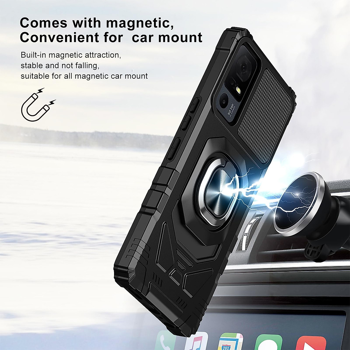 Ailiber for TCL 40 XE Case, TCL 40 X Case with Screen Protector Tempered Glass, Ring Kickstand for Magnetic Car Mount, Military Grade, Heavy Duty Shockproof Phone Cover for TCL 40 X 5G T609M-Black