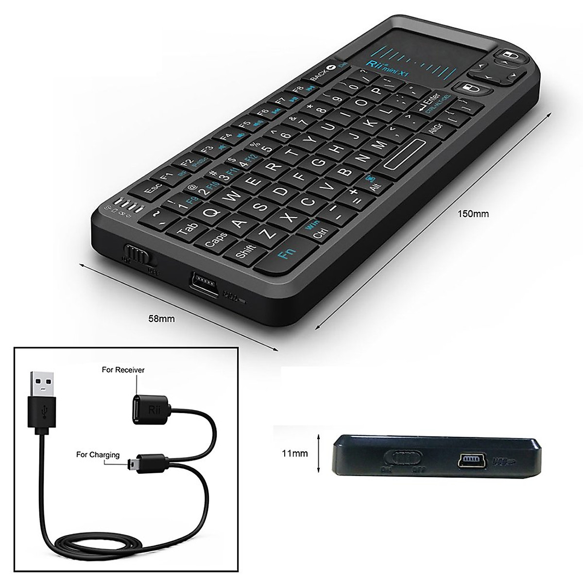 Rii 2.4G Mini Wireless Keyboard with Touchpad Mouse,Lightweight Portable Controller with USB Receiver Remote Control for Windows/ Mac/ Android/ PC/Tablets/ TV/Xbox/ PS3. X1-Black .