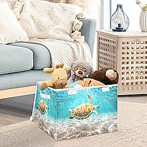 Kigai Storage Basket Underwater Sea Turtle Storage Boxes with Lids and Handle, Large Storage Cube Bin Collapsible for Shelves Closet Bedroom Living Room, 16.5x12.6x11.8 In