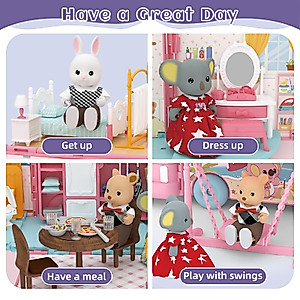 MITCIEN Dollhouse Playset, DIY Pretend Portable Caravan Camper Bus Toy Kit with Little Critters Bunny Dolls Mini Cottage House Set Camping Family Toys for Toddler 3 4 5 6 Year Old Girl